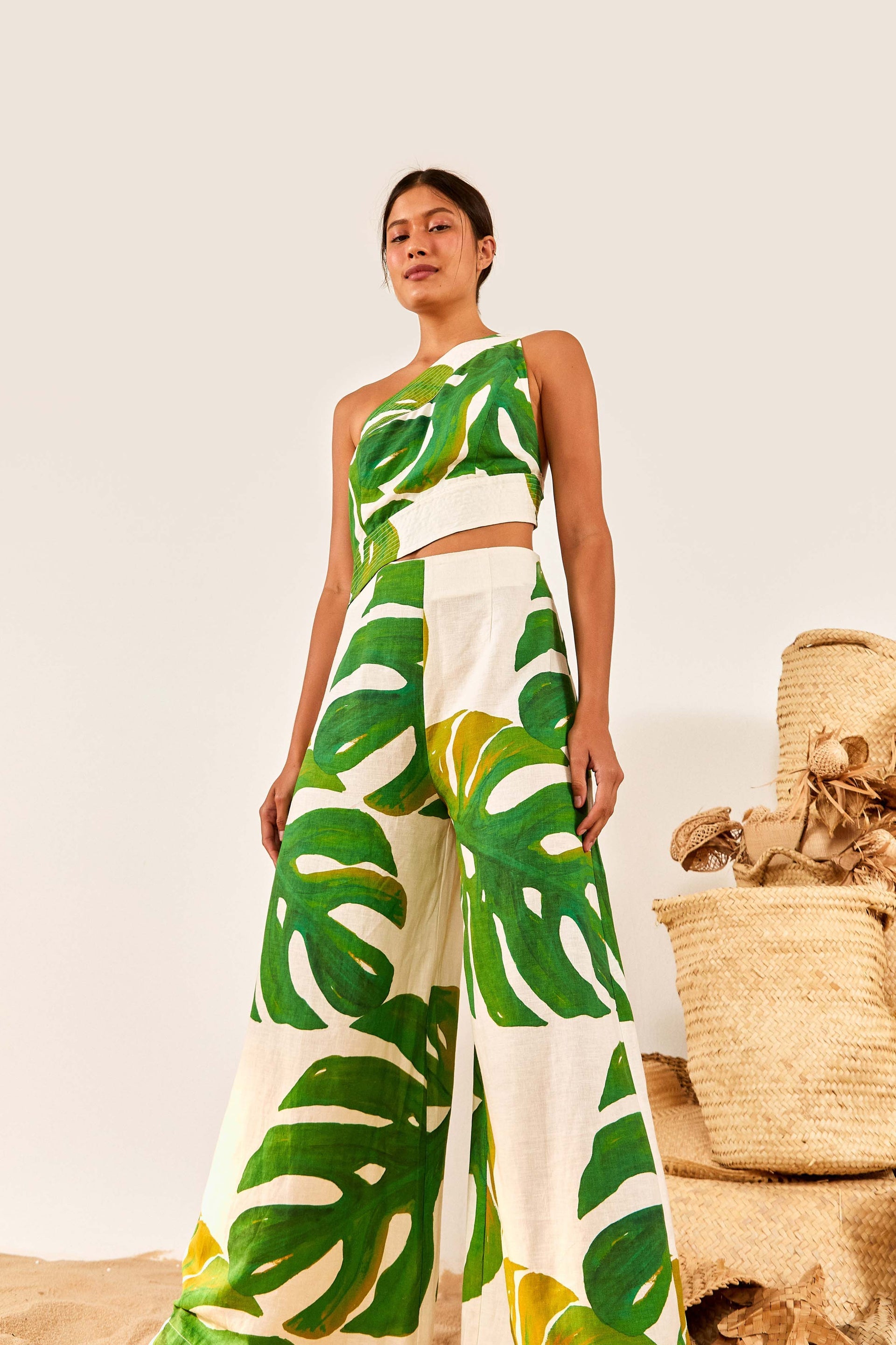 Farm Rio - White Monstera One Shoulder Jumpsuit | Coral Cove
